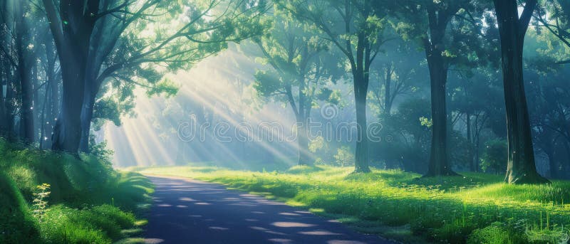 Anime Background Illustration with a Path in a Forest and Sunrays Stock ...