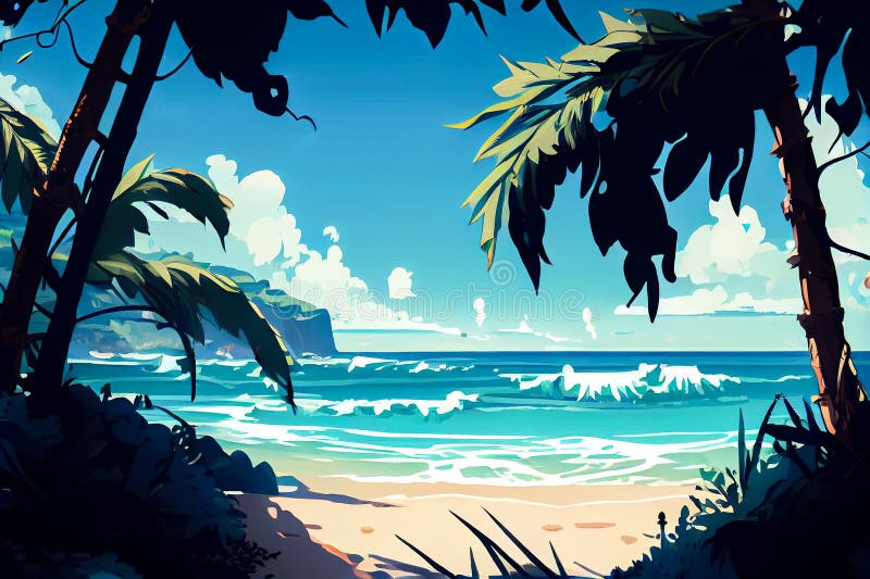 Anime Beautiful Beach with Palm Trees. Generative AI, Generative, AI ...