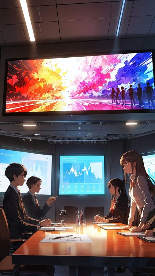 Anime Boardroom Scene with a Presentation on a Large Digital Screen ...