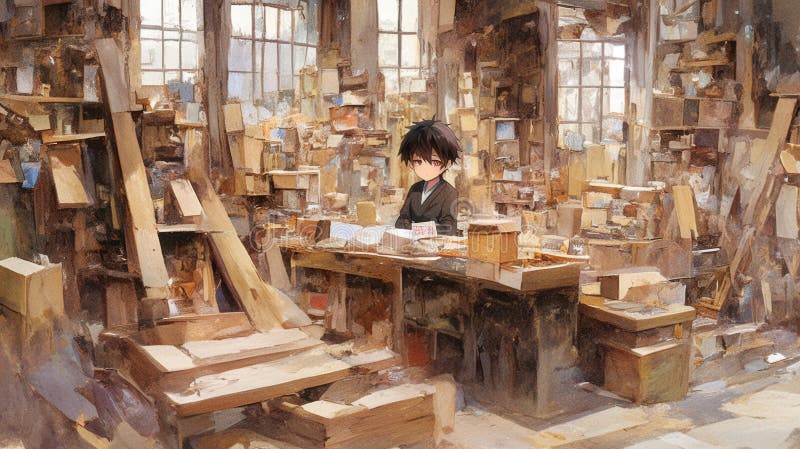 Anime Boy in Cluttered Workshop Stock Illustration - Illustration of ...