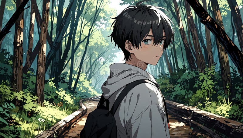 Anime Boy on a Forest Background, Anime Wallpaper. Anime Style Stock ...