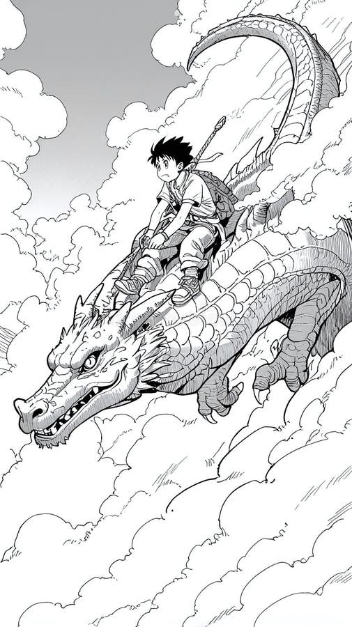 Anime Boy Riding a Dragon through the Clouds Coloring Page Stock ...