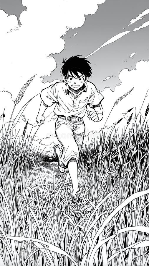 Anime Boy Running through a Field of Tall Grass Coloring Page Stock ...