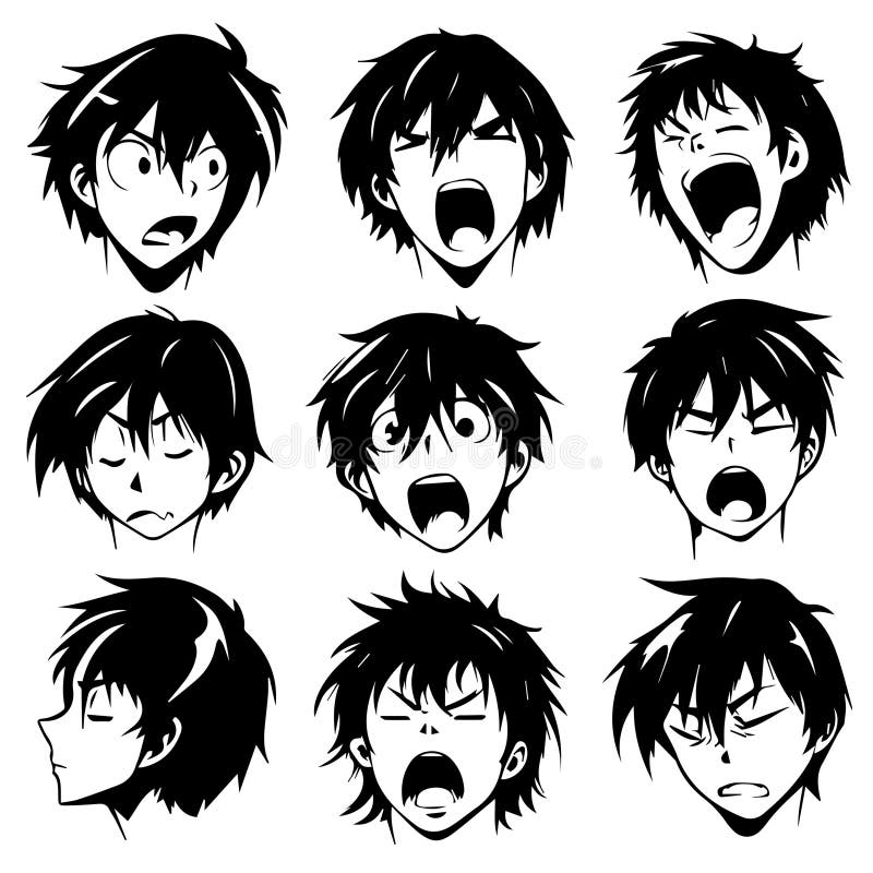 Anime Boy Silhouette Set. Set of Expressive Anime Character Faces Stock ...