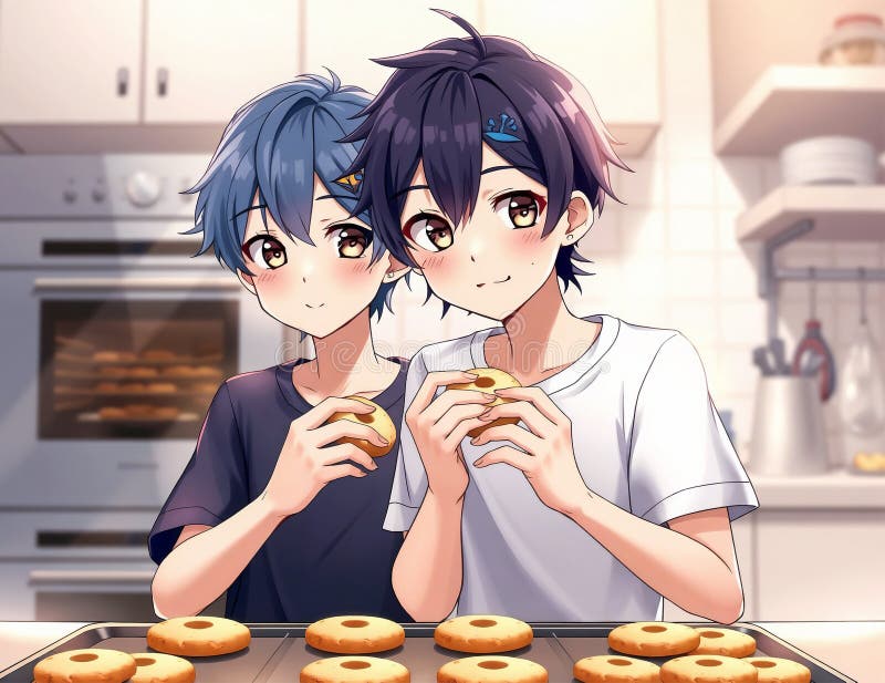 Anime Boys Baking Donuts in Cozy Kitchen. Happy Anime Teens in Kitchen ...