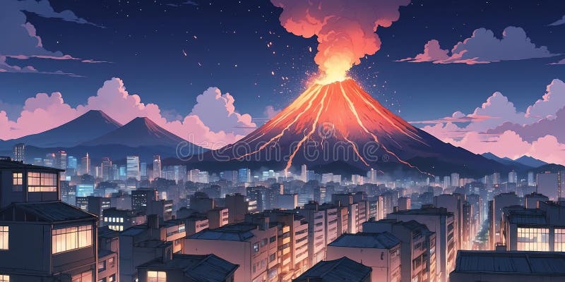 Anime Casual Night Urban Volcano Scene for Ai Generated Stock ...