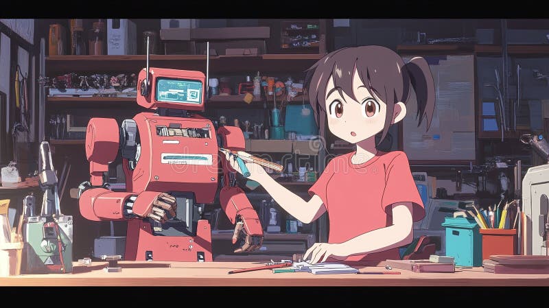 An Anime Character Building a Robot in Their Cluttered Workshop. Stock ...