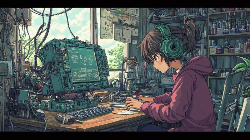 An Anime Character Building a Robot in Their Cluttered Workshop. Stock ...