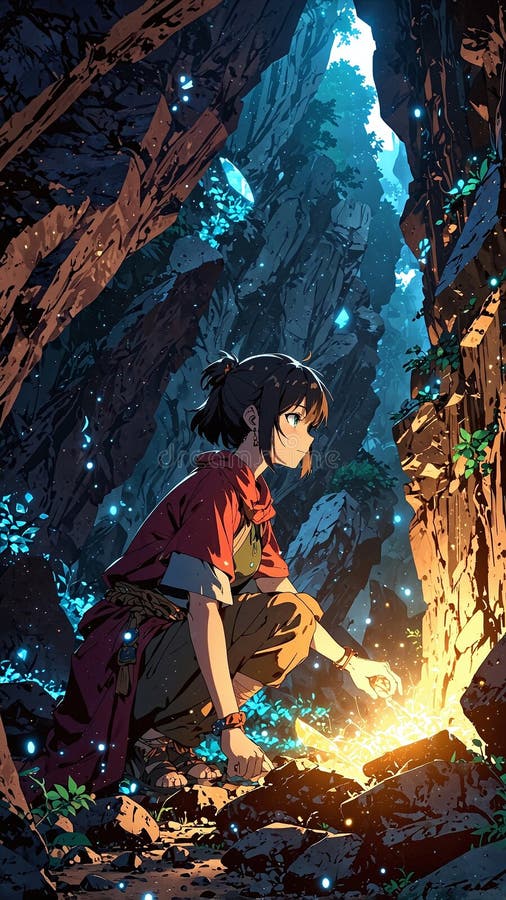 Anime Character Exploring a Hidden Cave, with Glowing Crystals and ...
