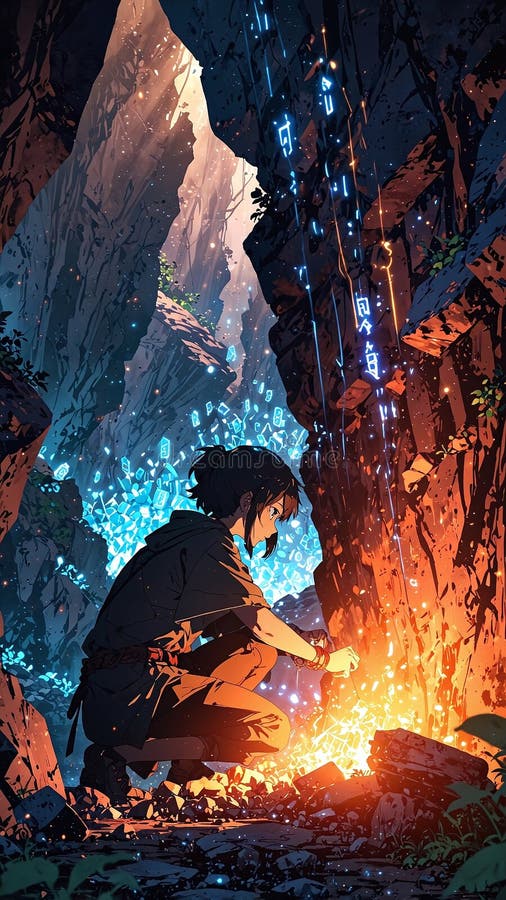 Anime Character Exploring a Hidden Cave, with Glowing Crystals and ...