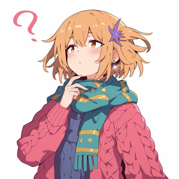 Anime Character with Questioning Expression and Colorful Scarf Stock ...