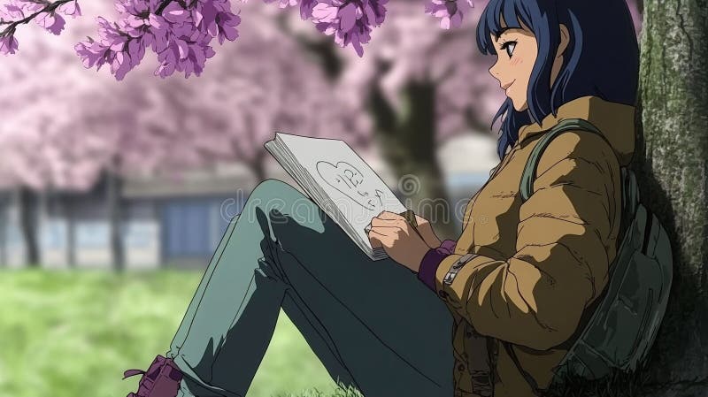 An Anime Character Sitting Under a Tree Sketching in Their Notebook ...