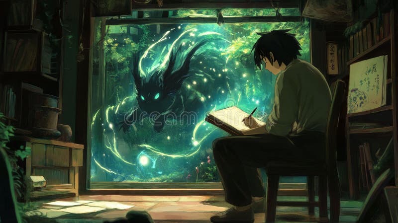 An Anime Character Sketching a Magical Creature in Their Journal. Stock ...
