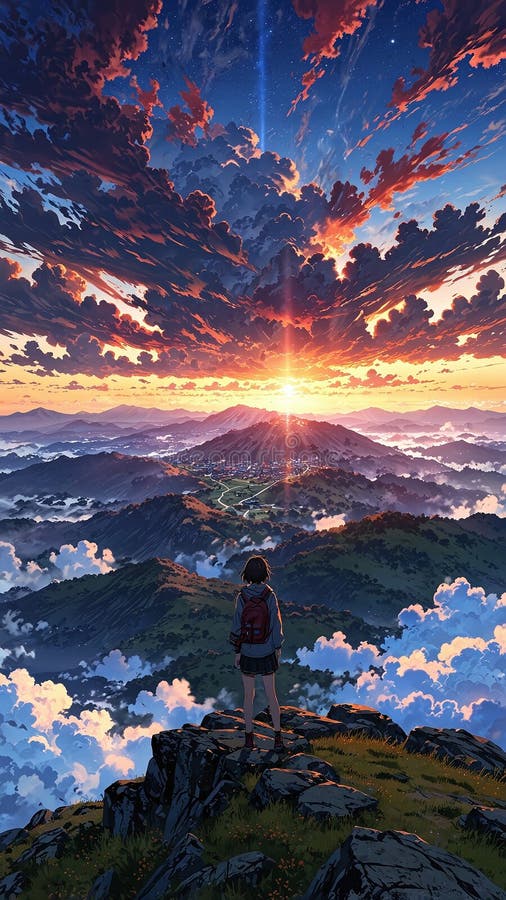 Anime Character Standing on a Mountaintop, Watching a Breathtaking ...