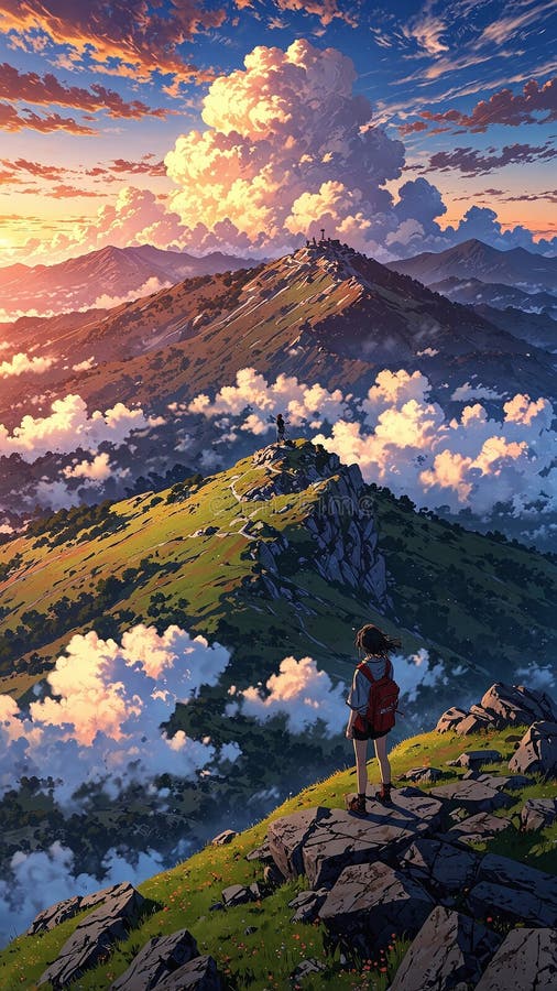 Anime Character Standing on a Mountaintop, Watching a Breathtaking ...