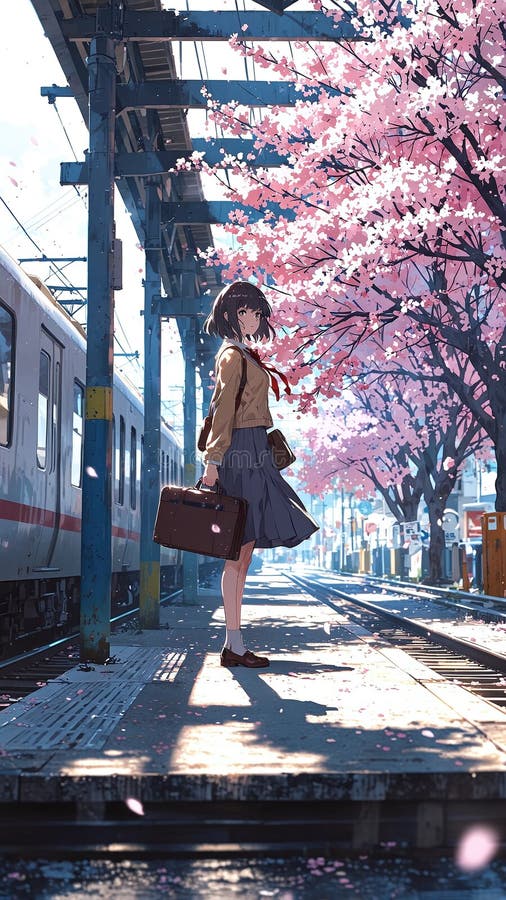 Anime Character Standing on a Train Platform, Holding a Suitcase, with ...