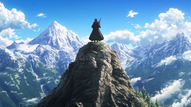 An Anime Character Standing Triumphantly on Top of a Mountain Peak ...