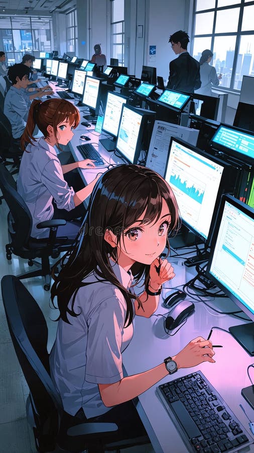 Anime Characters Working at Computers in a High-tech Office Environment ...