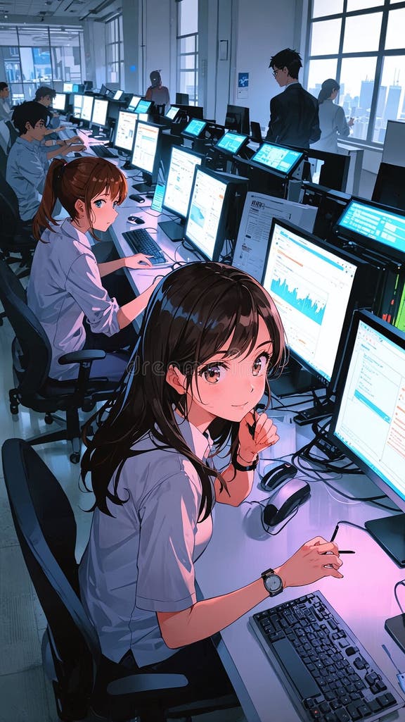Anime Characters Working at Computers in a High-tech Office Environment ...