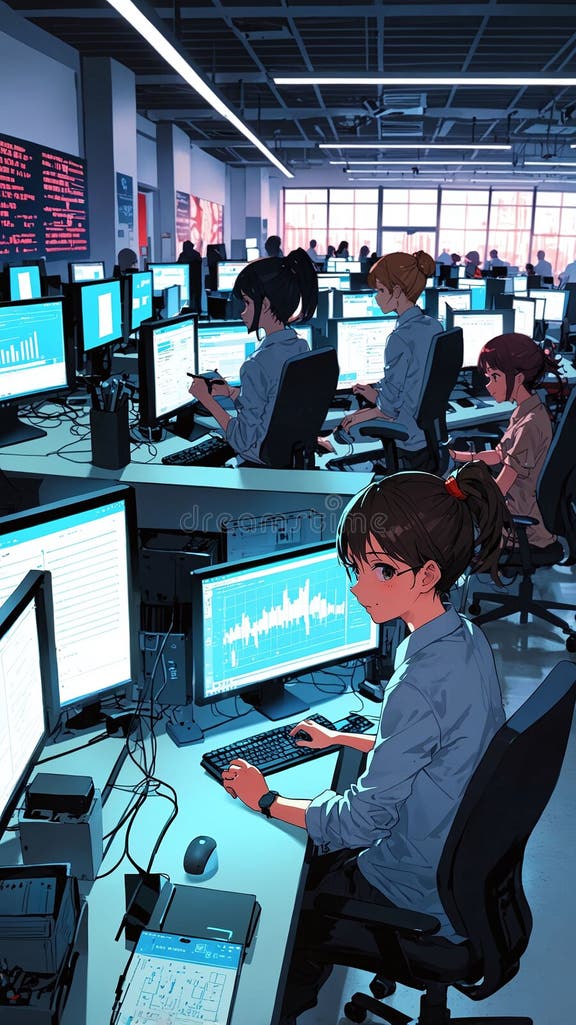 Anime Characters Working at Computers in a High-tech Office Environment ...
