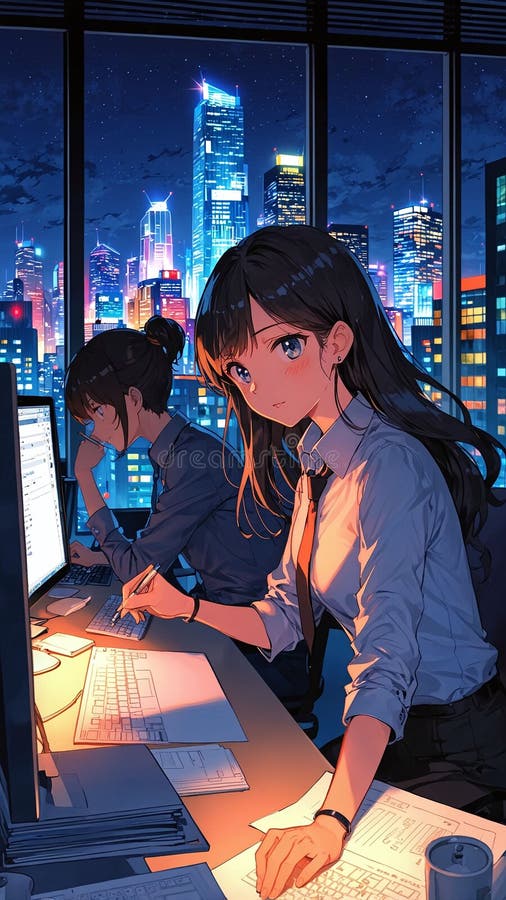 Anime Characters Working Late in an Office with City Lights in the ...