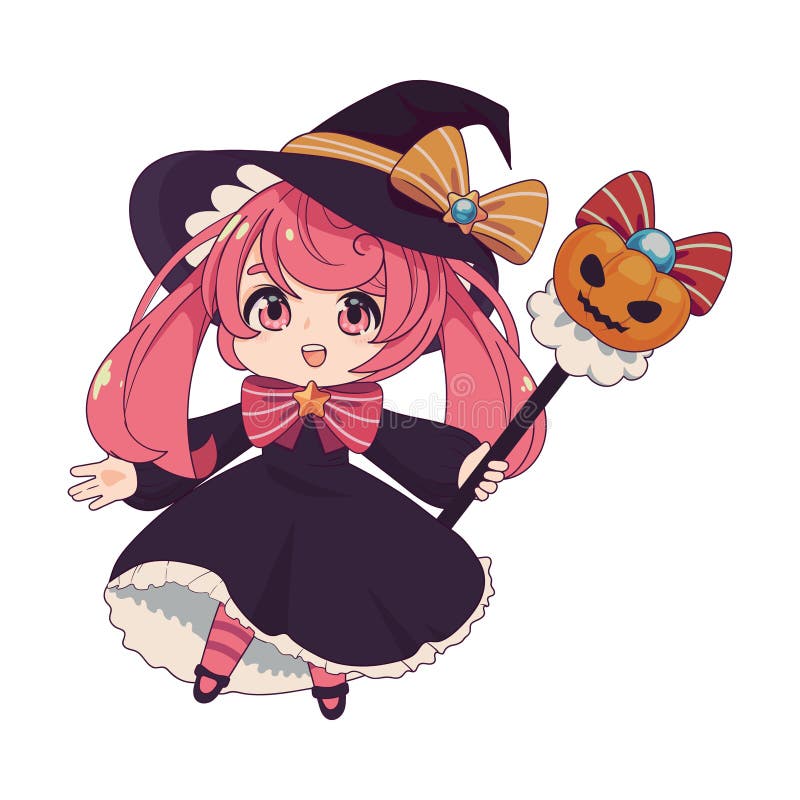 Anime Chibi Witch with Pumpkin Wand Stock Vector - Illustration of ...