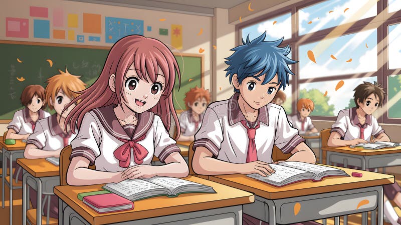 Anime Classroom Illustration with Students Studying in Uniform and ...