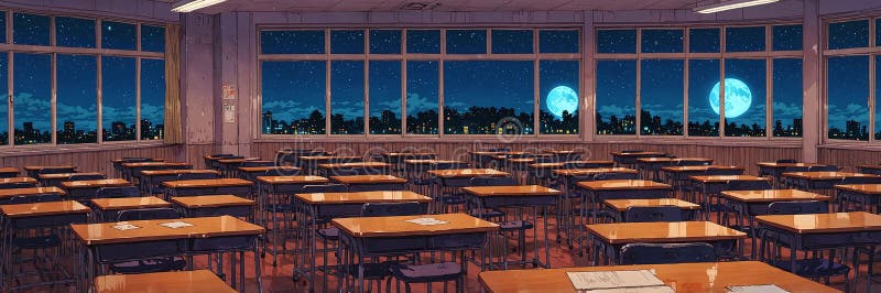 Anime Classroom at Night with Empty Desks and Moonlight Stock ...
