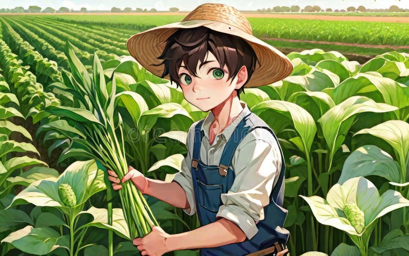Farmer Anime a Young Boy in Activity in the Field with Plants in the ...