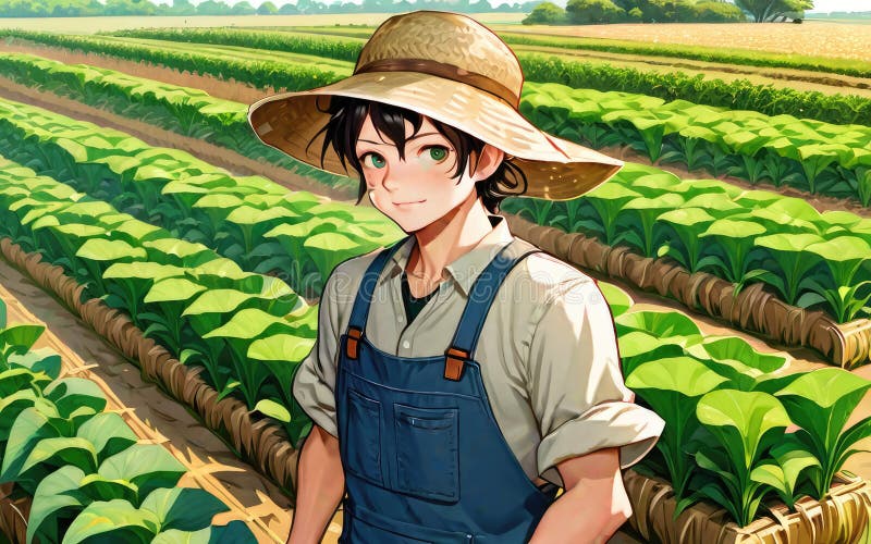 Farmer Anime a Young Boy in Activity in the Field with Plants in the ...