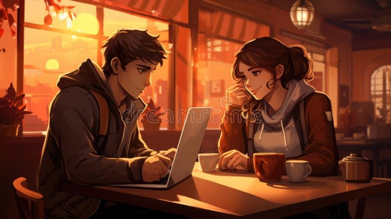 Anime Couple Sitting at a Table with a Laptop. Generative AI Image ...