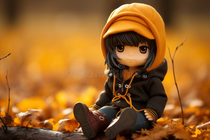 Anime Doll Sitting on a Log in the Autumn Leaves Stock Illustration ...