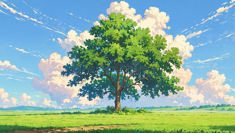 Anime Drawing of a Tree and Clouds in a Sunny Field. Stock Illustration ...