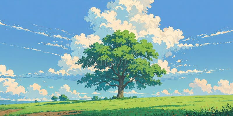 Anime Drawing of a Tree and Clouds in a Sunny Field. Anime Style Stock ...
