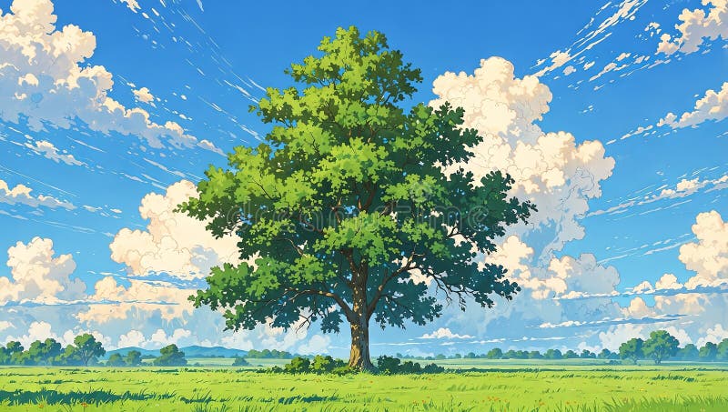Anime Drawing of a Tree and Clouds in a Sunny Field. Anime Style Stock ...