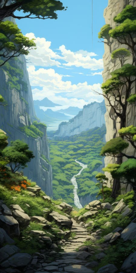 Anime Fantasy: a Majestic Path through the Mountains Stock Illustration ...