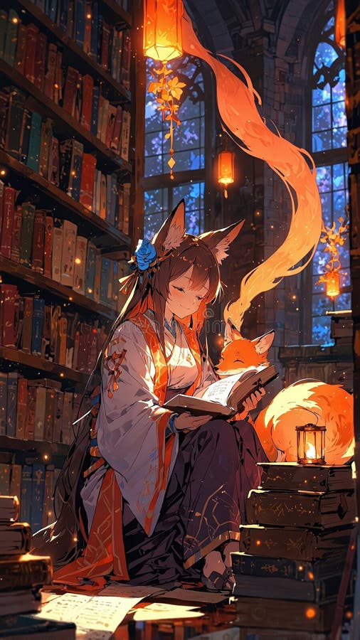 Anime Fox Scholar Reading Ancient Scrolls in a Mystical Library with ...