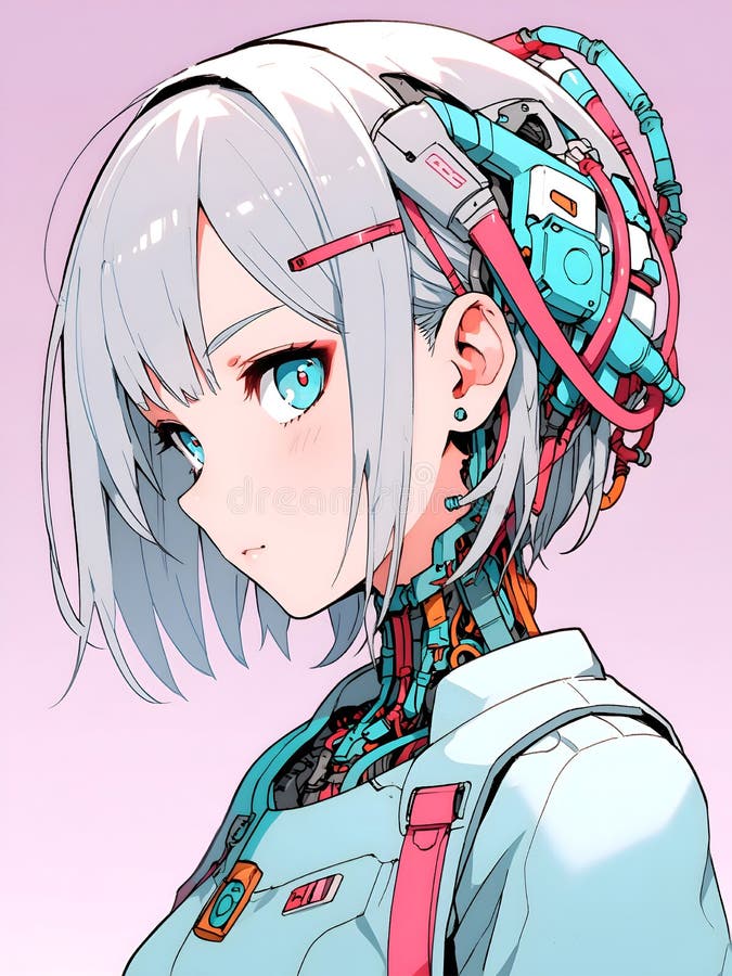 Anime Girl Android with White Hair Stock Illustration - Illustration of ...