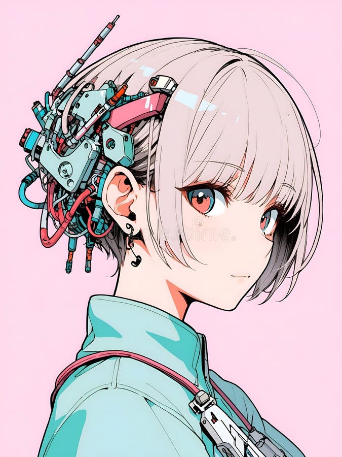 Anime Girl Android with White Hair on a Pink Background Stock ...