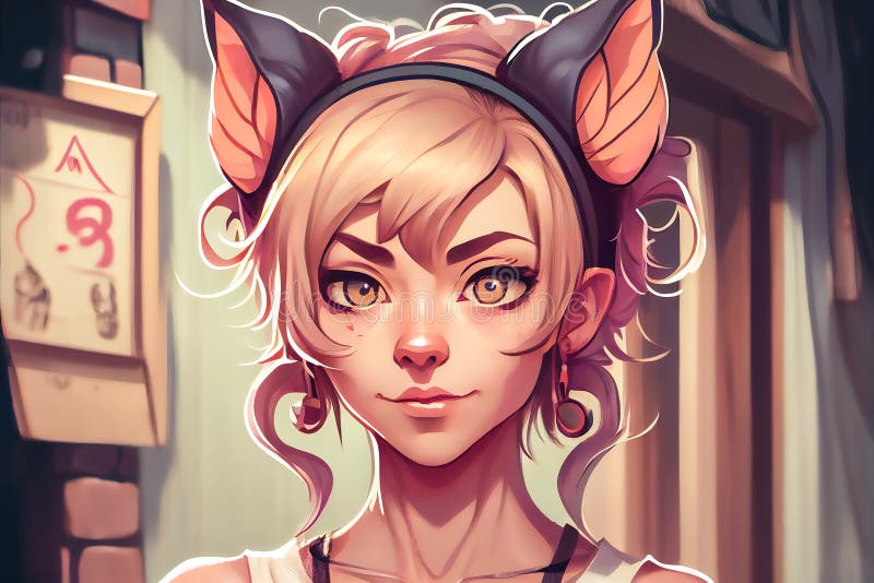 Anime Girl with Cat Ears. Generative AI Stock Illustration ...