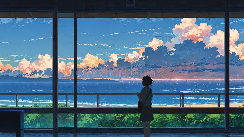 Anime Girl Gazing at Sunset Ocean View through Large Windows with ...