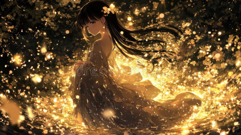 Anime Girl in Golden Light Amidst Fireflies Stock Illustration ...