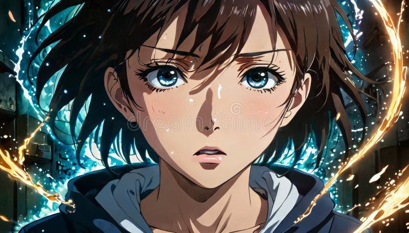 Anime Girl with Intense Expression and Glowing Effects Stock Image ...
