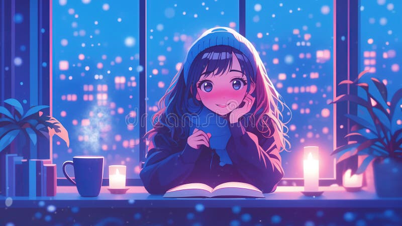 Anime Girl Reading a Book in the Snow. Loop Animation Stock Video ...