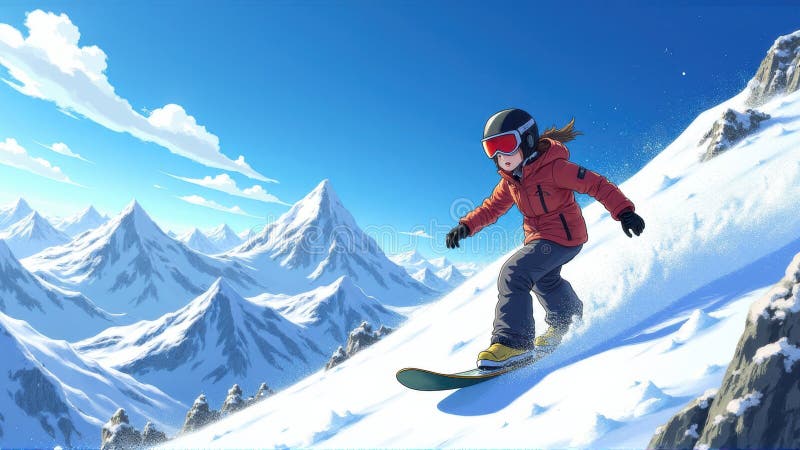 Anime Girl Snowboarding in the Mountains Stock Illustration ...