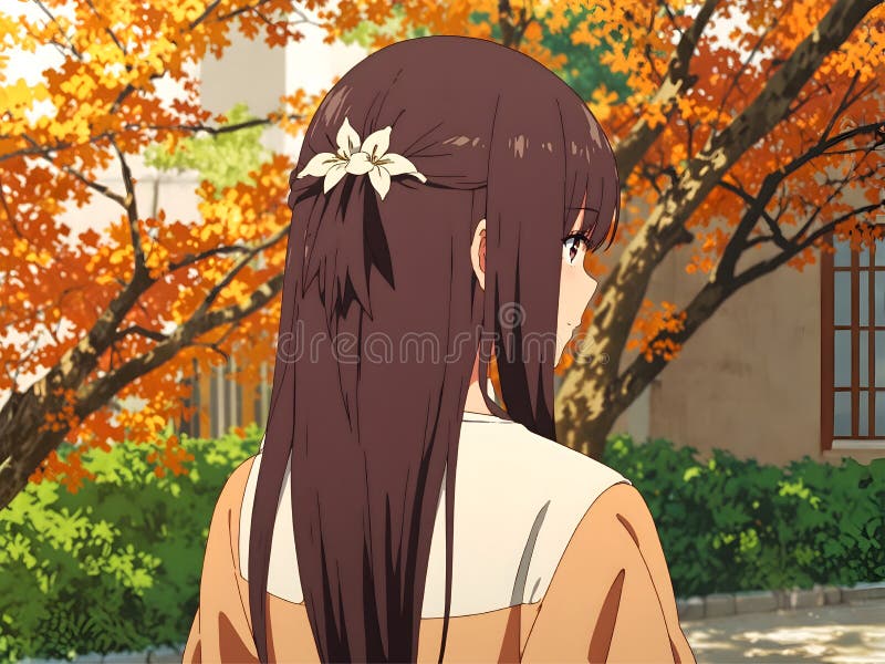 Anime Girl Standing Back with Autumn Scenery Background Stock ...
