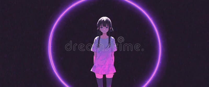 An Anime Girl Standing in Front of a Circular Purple Light. Stock Image ...