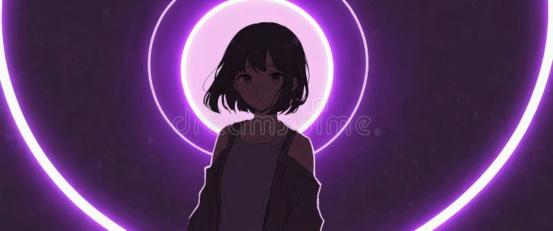An Anime Girl Standing in Front of a Circular Purple Light. Stock Photo ...