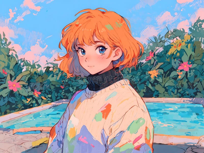 Anime Girl Standing by a Pool in Summer Theme Stock Illustration ...