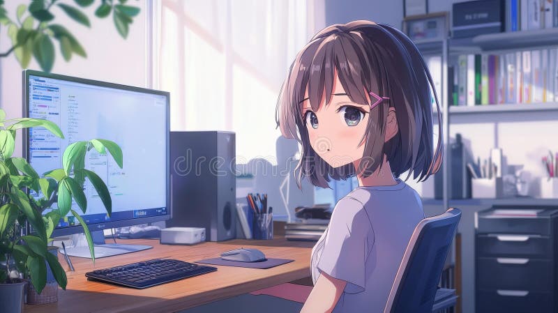 Anime Girl Studying at Desk, Coding, Kawaii Art Style Stock ...